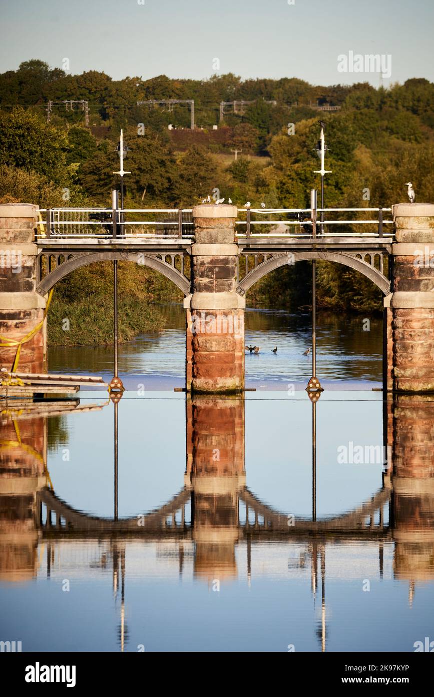 River Weaver Grade II-listed Dutton Sluice Cheshire, England. flood ...
