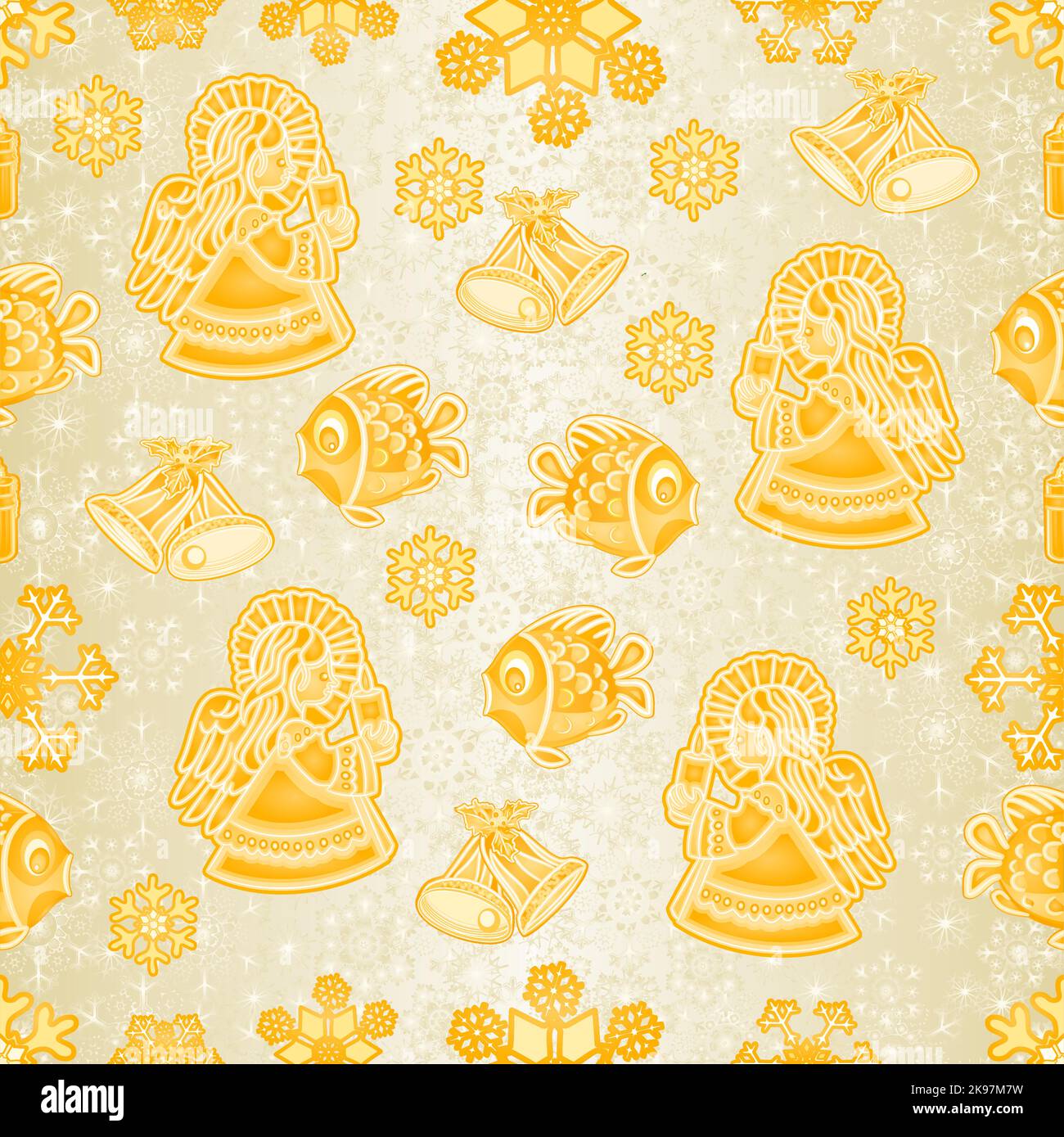 Seamless texture golden Christmas decorations fish angel snowflakes ...