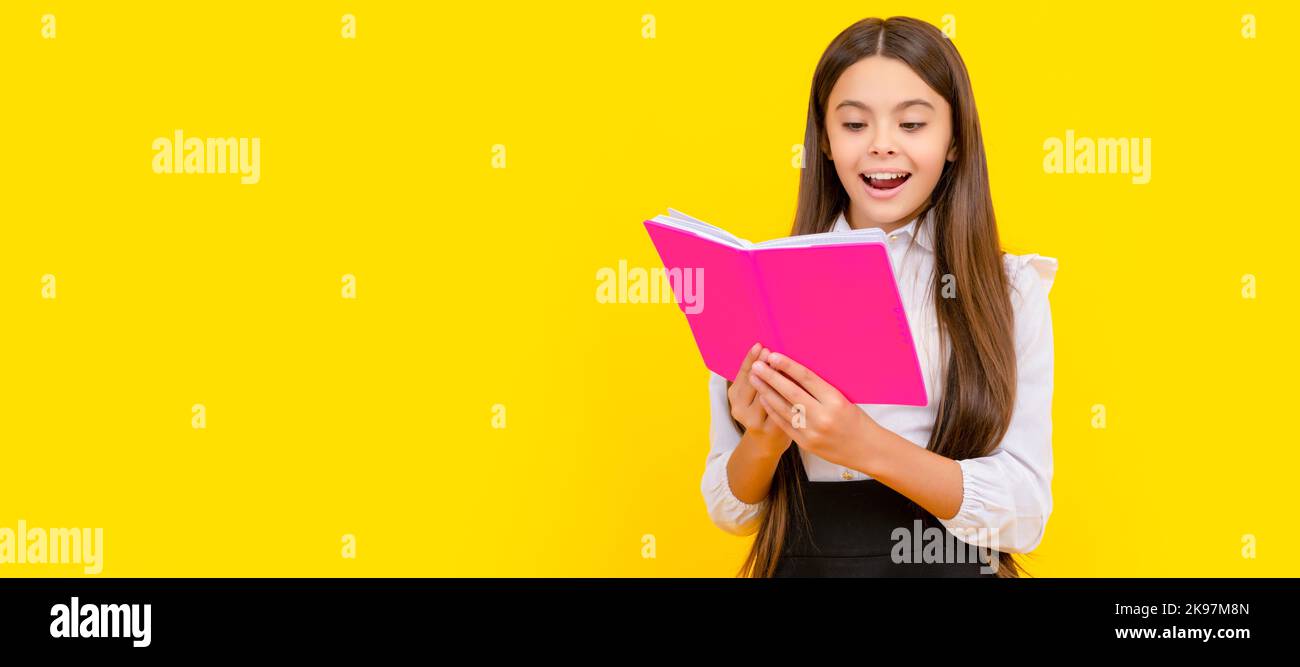 Happy girl child read school textbook yellow background, reading ...