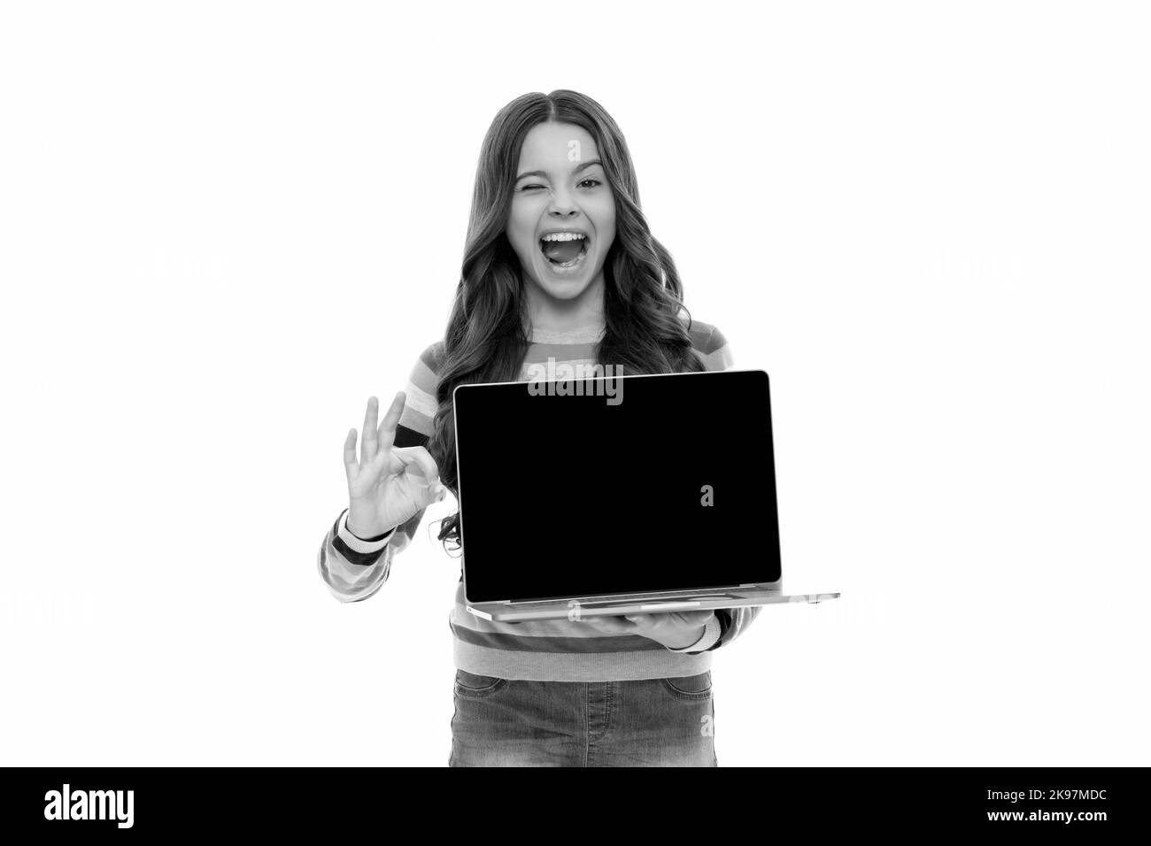 happy teen girl study online education making presentation on computer ...