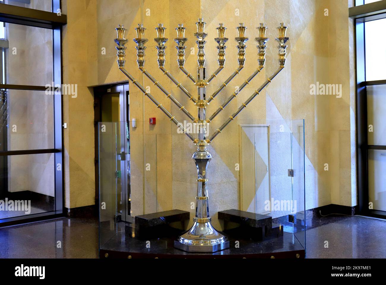 Golden Hanukkah menorah in the synagogue for the Jewish holiday ...