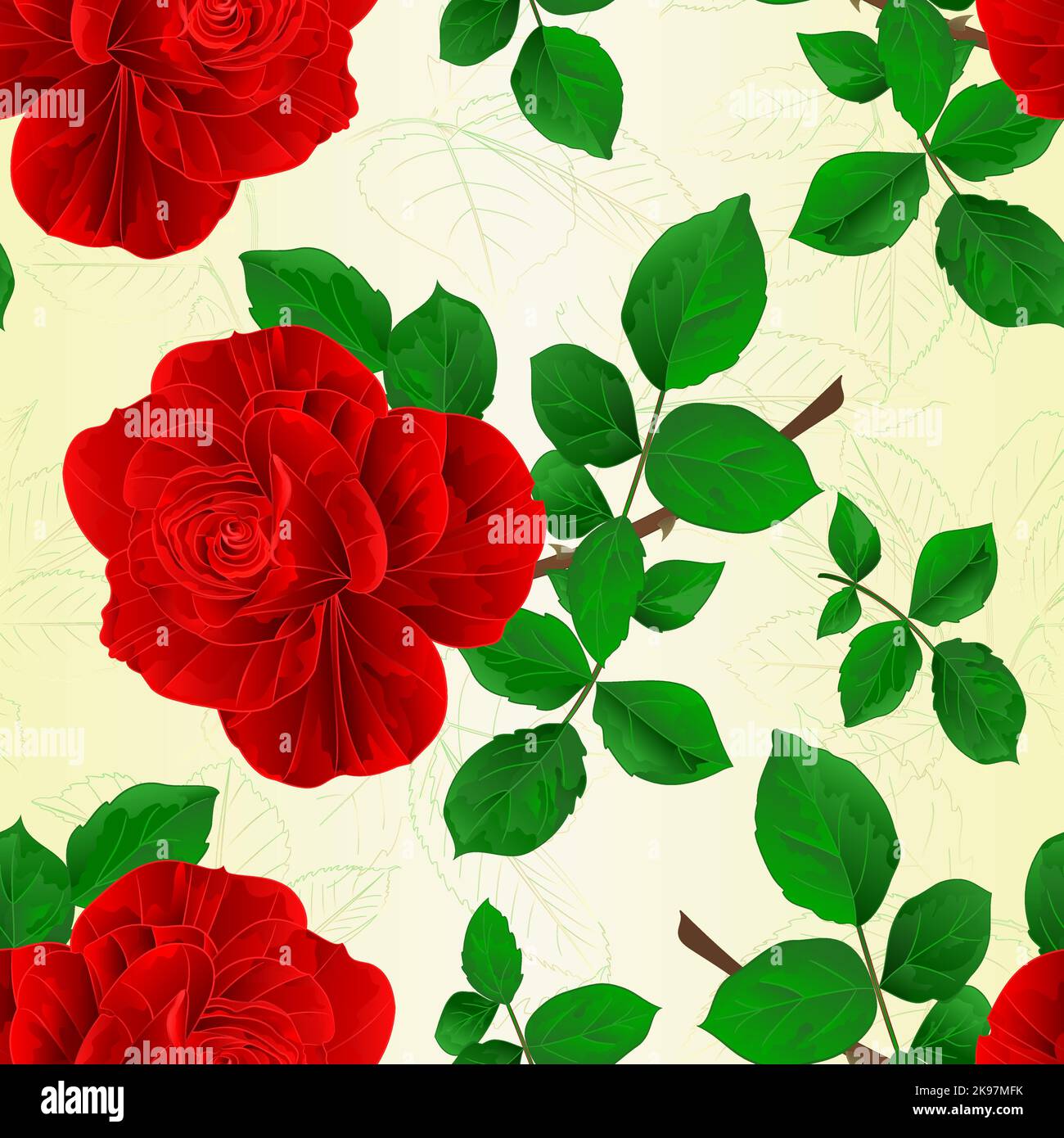 Seamless texture flower red rose and leaves vintage vector illustration editable hand draw Stock ...