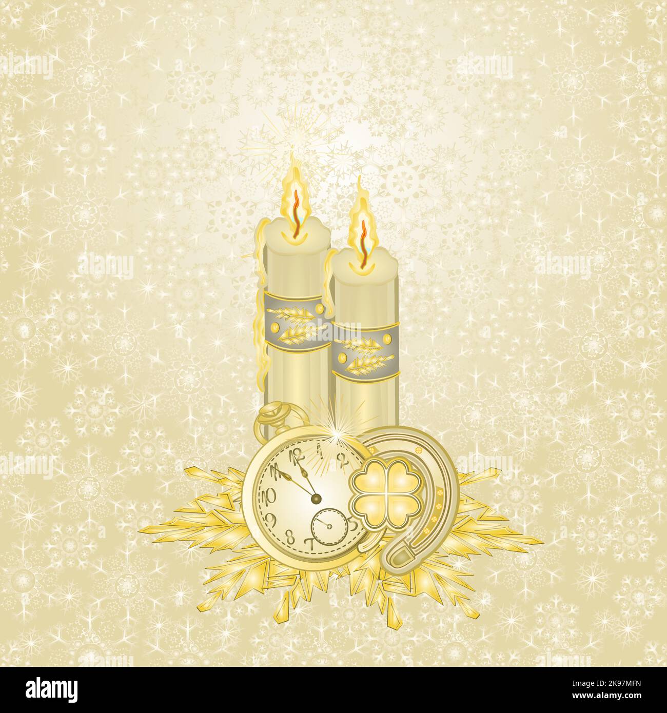 Candlelights candles and lucky symbols gold background vintage vector ...
