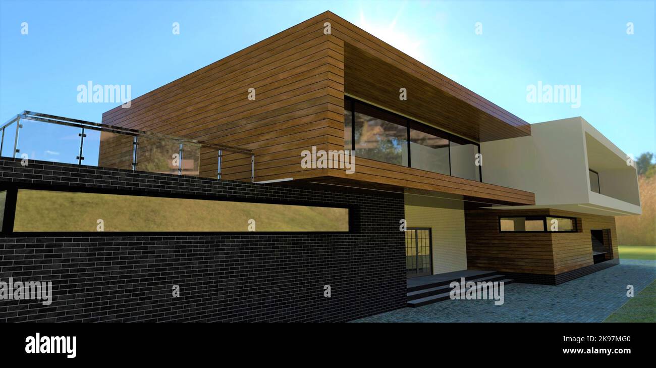 Entrance to contemporary country house. Walls finishing facade board ...