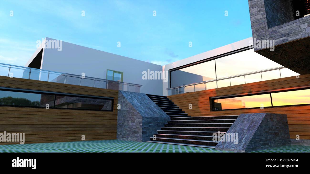 Contemporary design of amazing country house. Wide concrete stair case ...