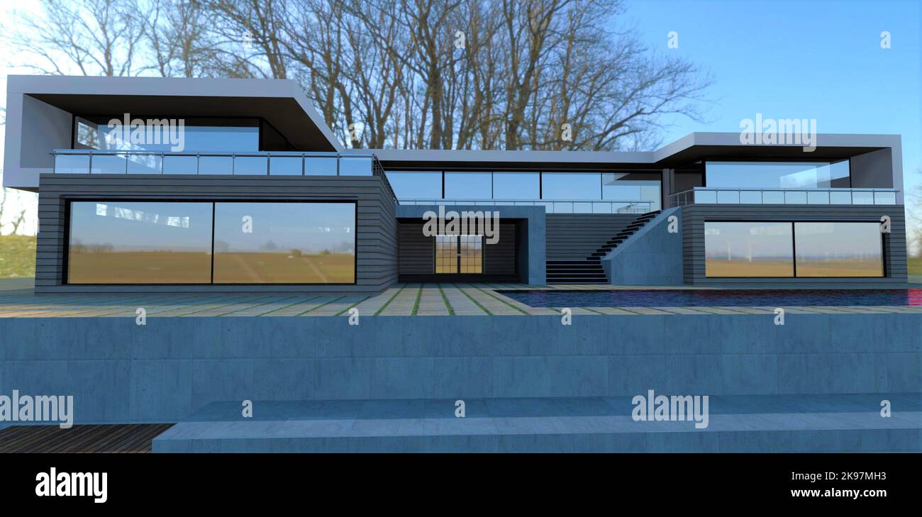 Amazing november morning. New contemporary house with pool and concrete ...