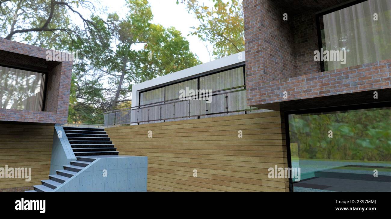 Design of a cozy wooden facade suburban house. Stairs to specious ...