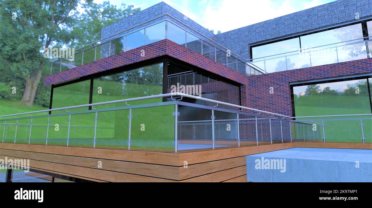 Three-level terrace. Combined wall decoration. Facade board, red-blue ...