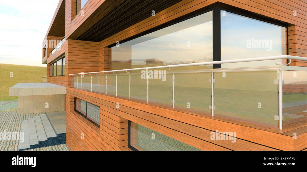 Wooden wall of a suburban house. Mirror reflection windows. Spacious ...