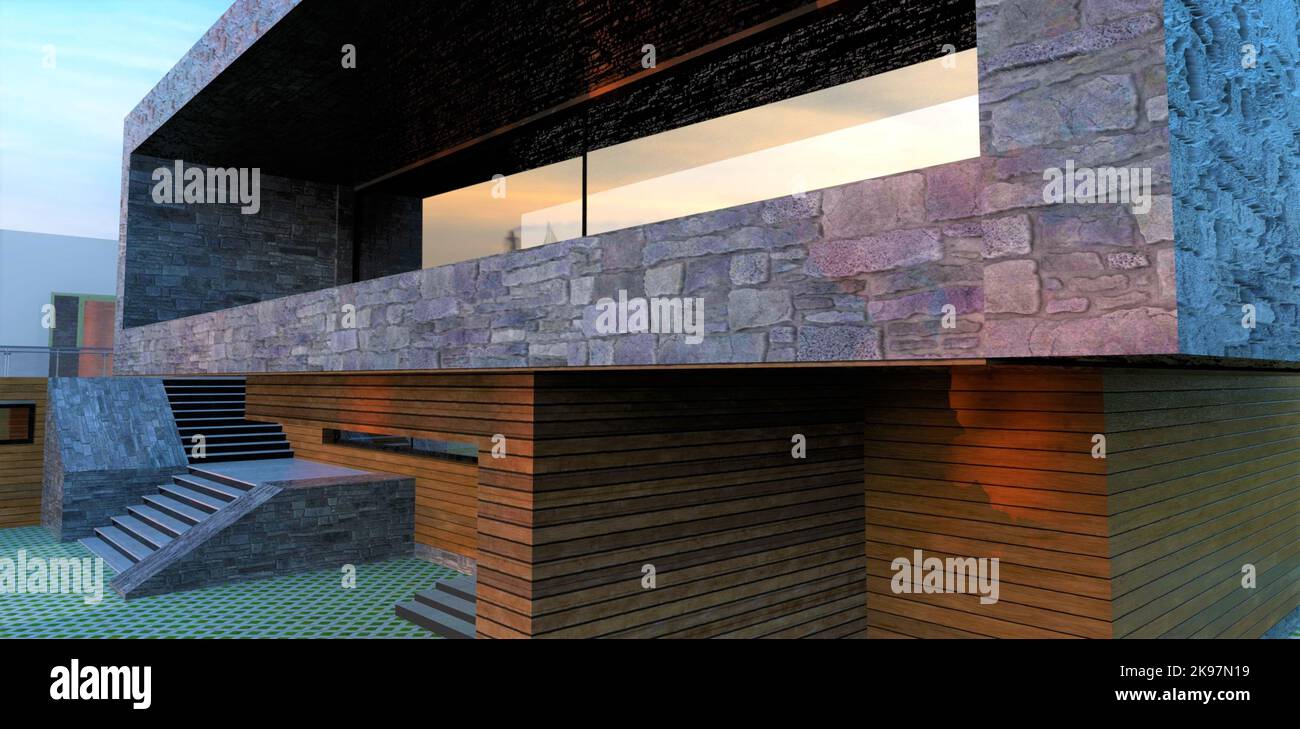 Combined wall finishing with gray slate and wood. Concrete stairs to ...