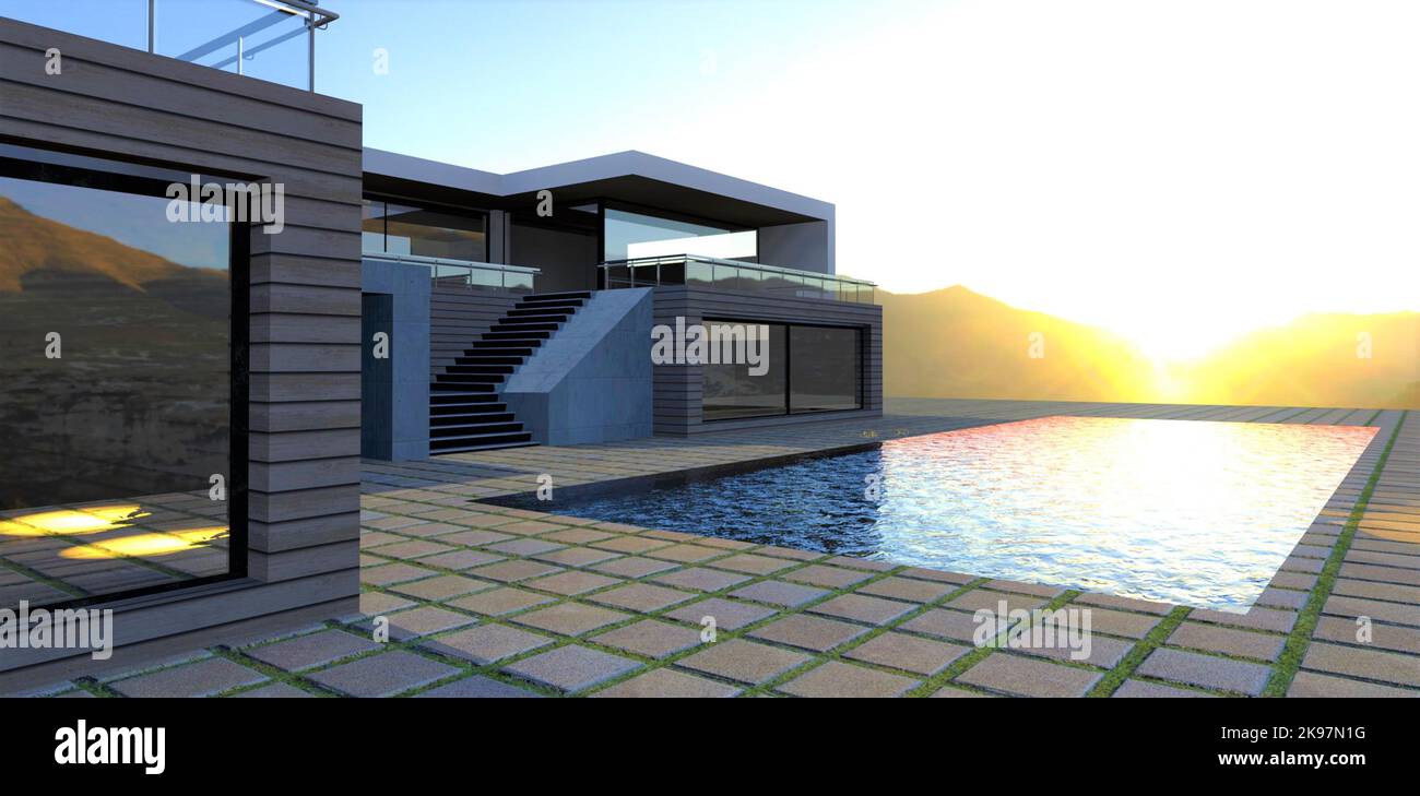 Stunning sunset in mountains. View from the courtyard of contemporary ...