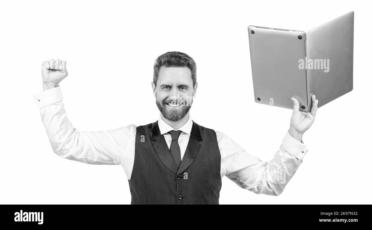 happy business man with laptop isolated on white background, business ...