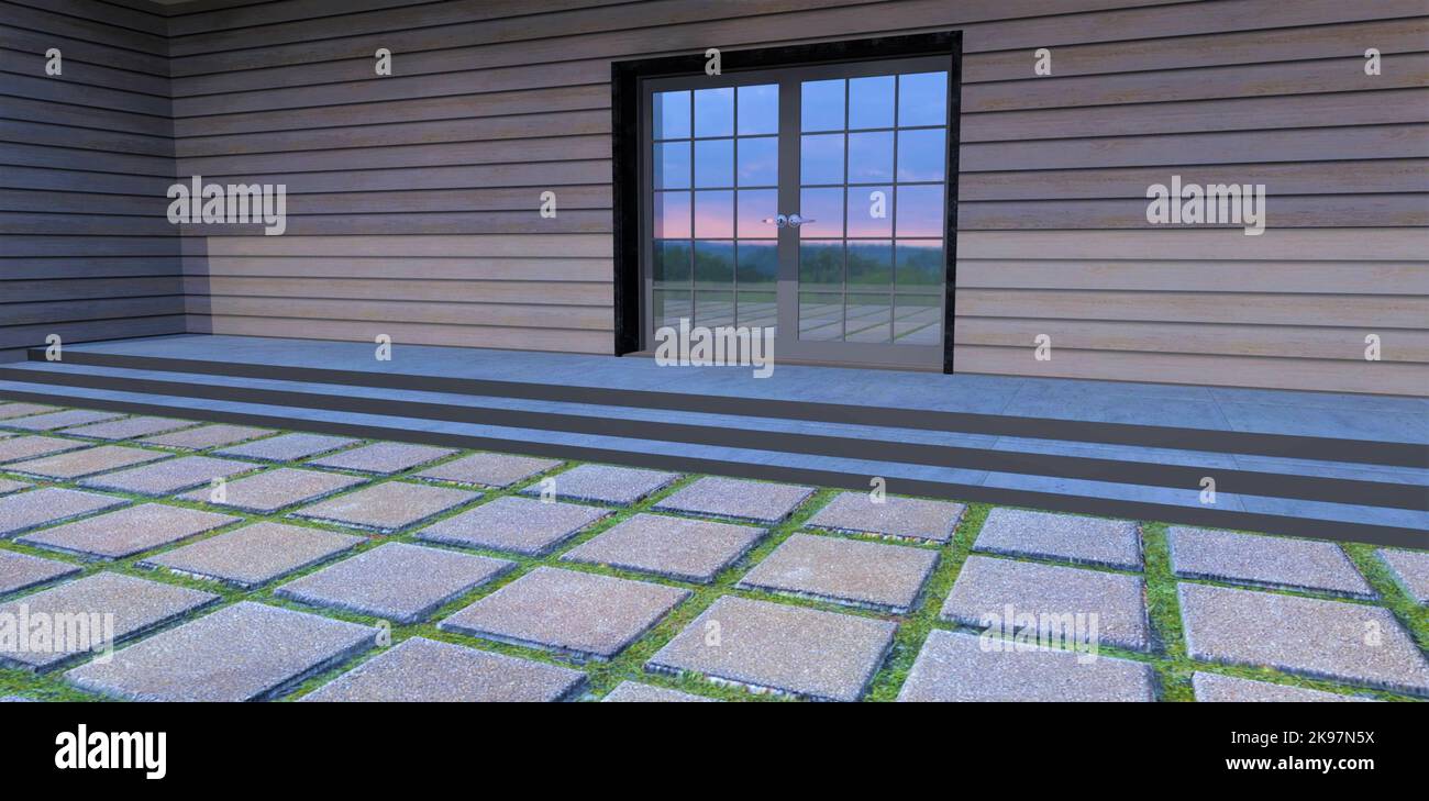 Entrance to contemporary suburban house. Porch is finished with wood ...