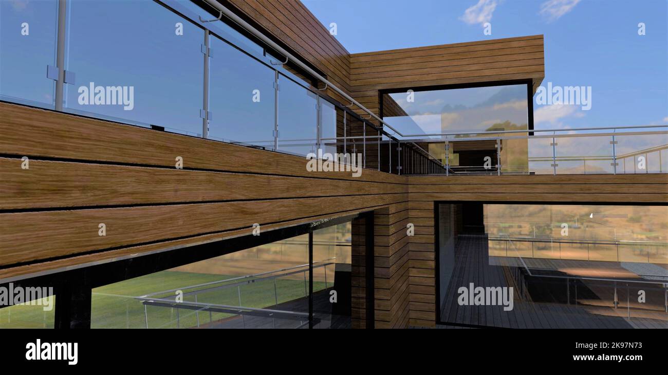 The wooden facade of a wonderful country building. Large mirrored ...