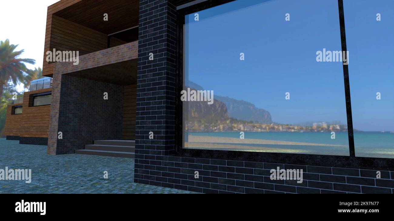Entry to contemporary country house. Combined decor facfde board and ...