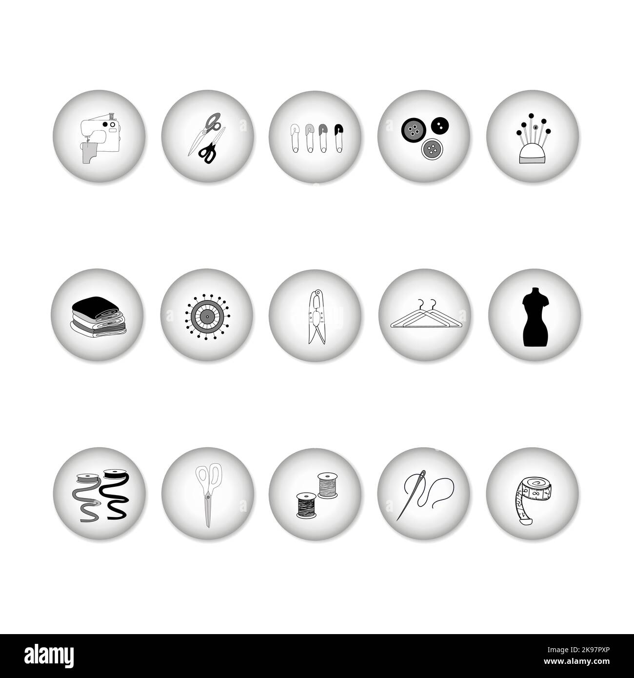 A large set of linear icons for sewing clothes and accessories on round ... A large set of linear icons for sewing clothes and accessories on round ...