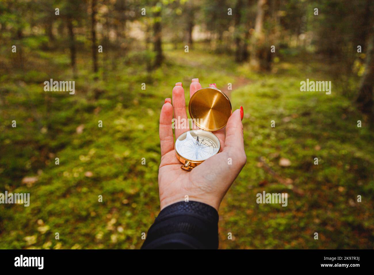 Hand with compass in forest terrain. POV Travel concept Stock Photo - Alamy