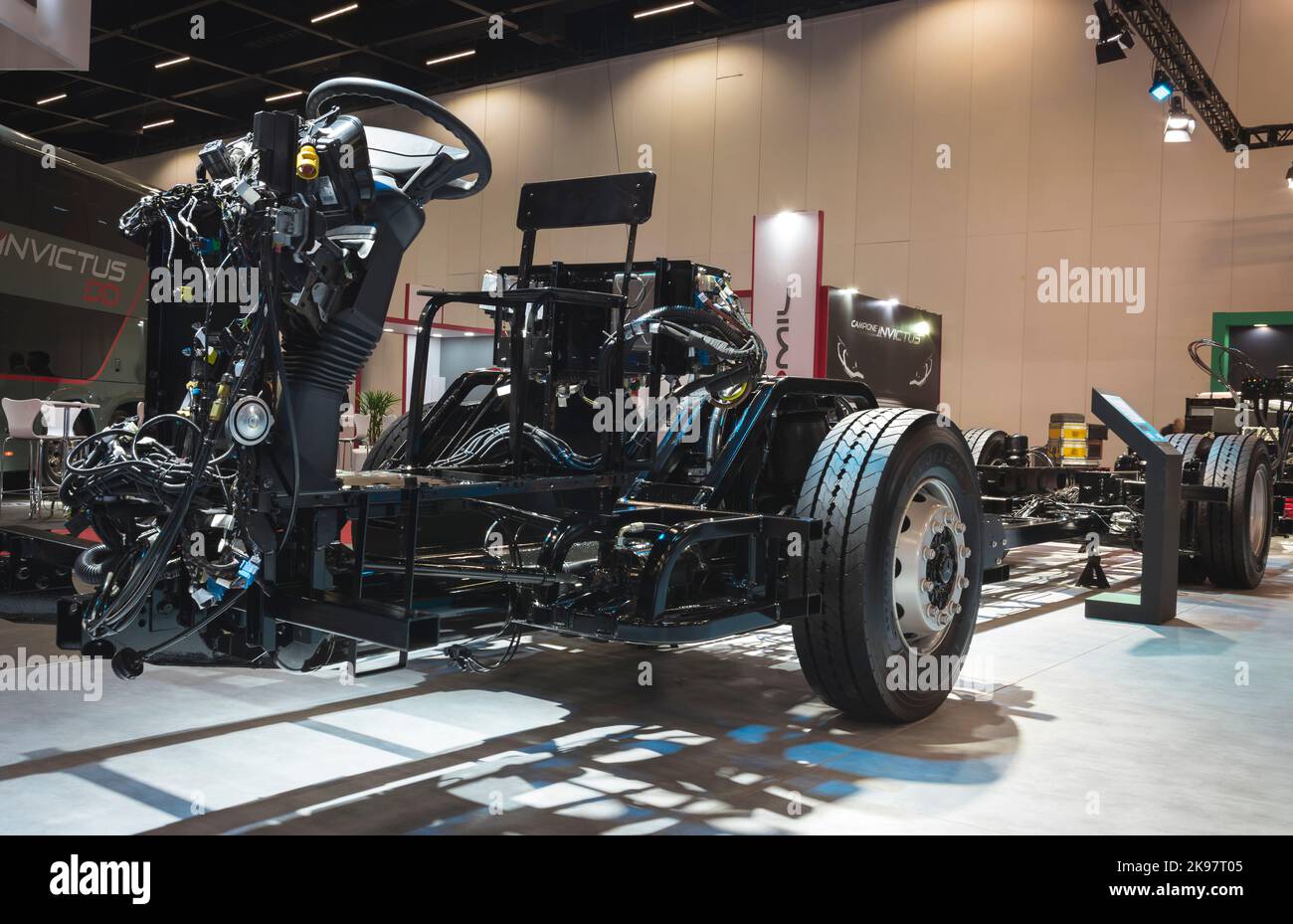 Exposed chassis, engine, gears and motor of a Mercedes-Benz bus on ...