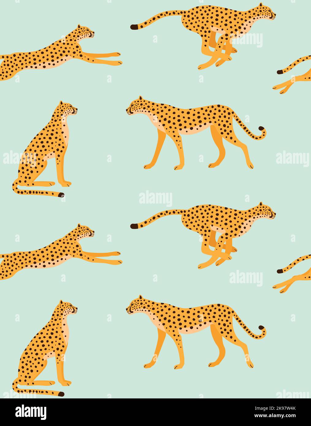 Vector seamless pattern of flat hand drawn cheetah isolated on mint ...