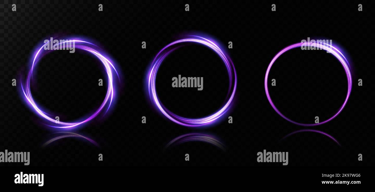 Set of neon light rings. Whirlwind effect. Curve blue, purple, gold ...
