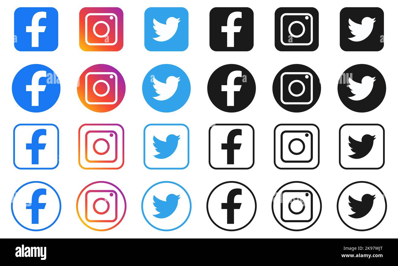 Set of most popular social media icons: Facebook, Instagram and Twitter ...