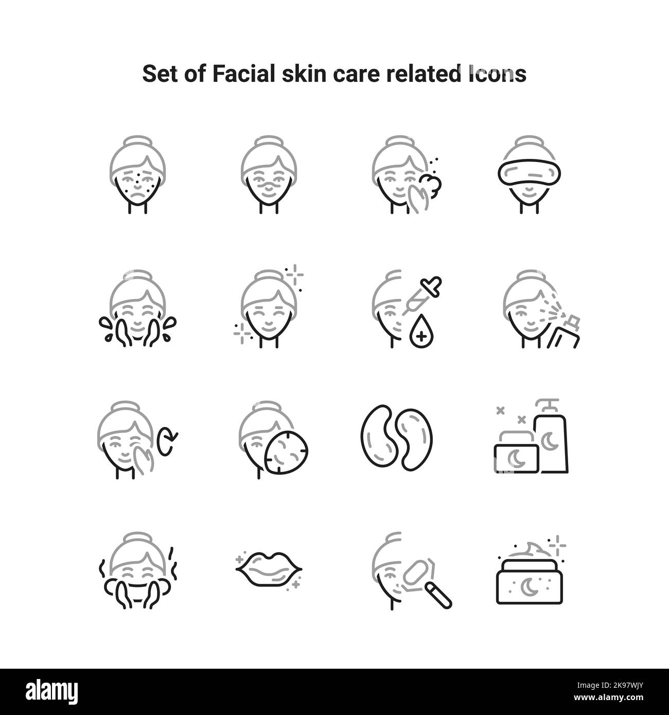 Facial skin care, icon set. The woman applies products for healthy skin ...