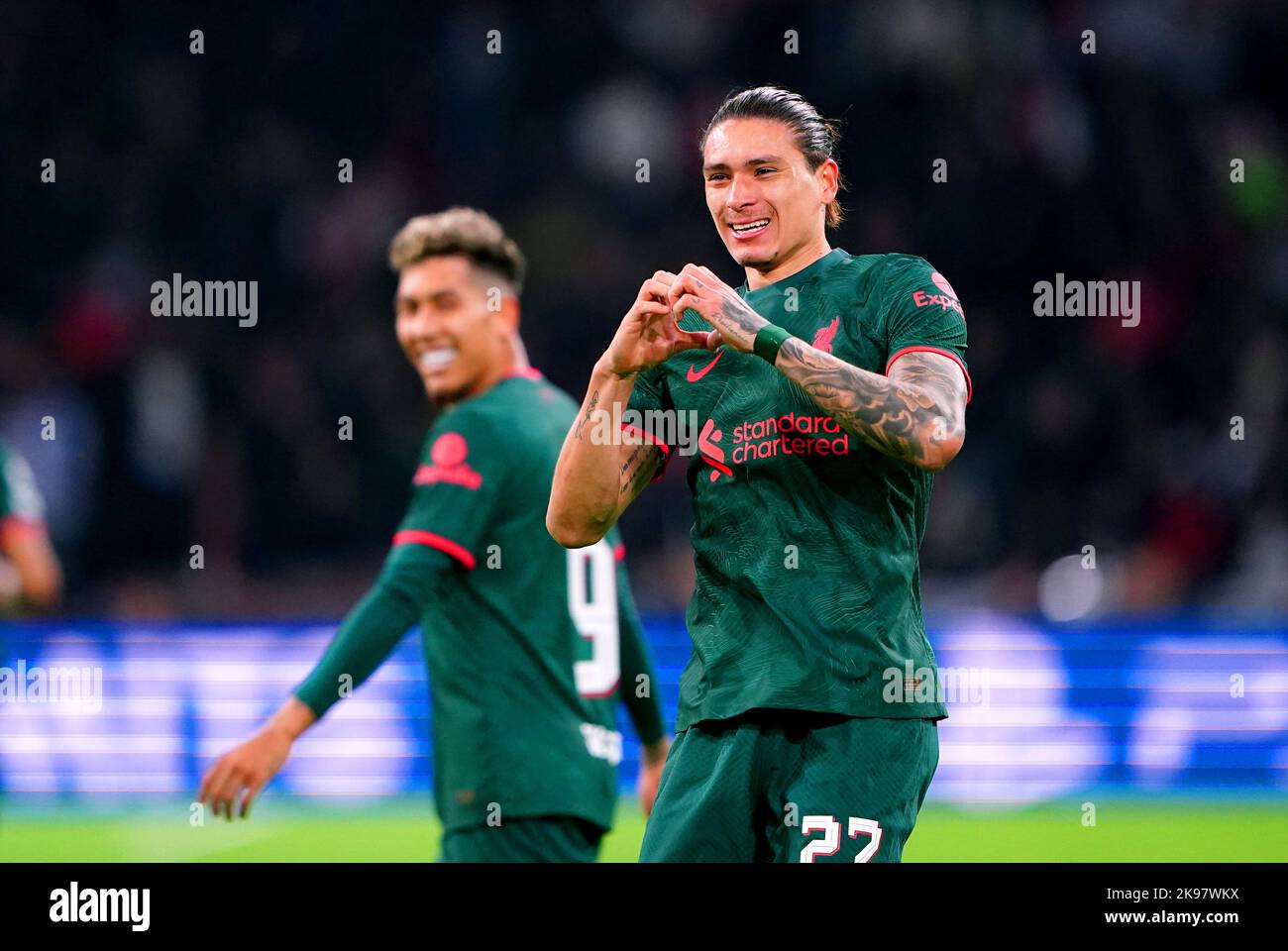 Liverpool's Darwin Nunez celebrates scoring their side's second goal of ...
