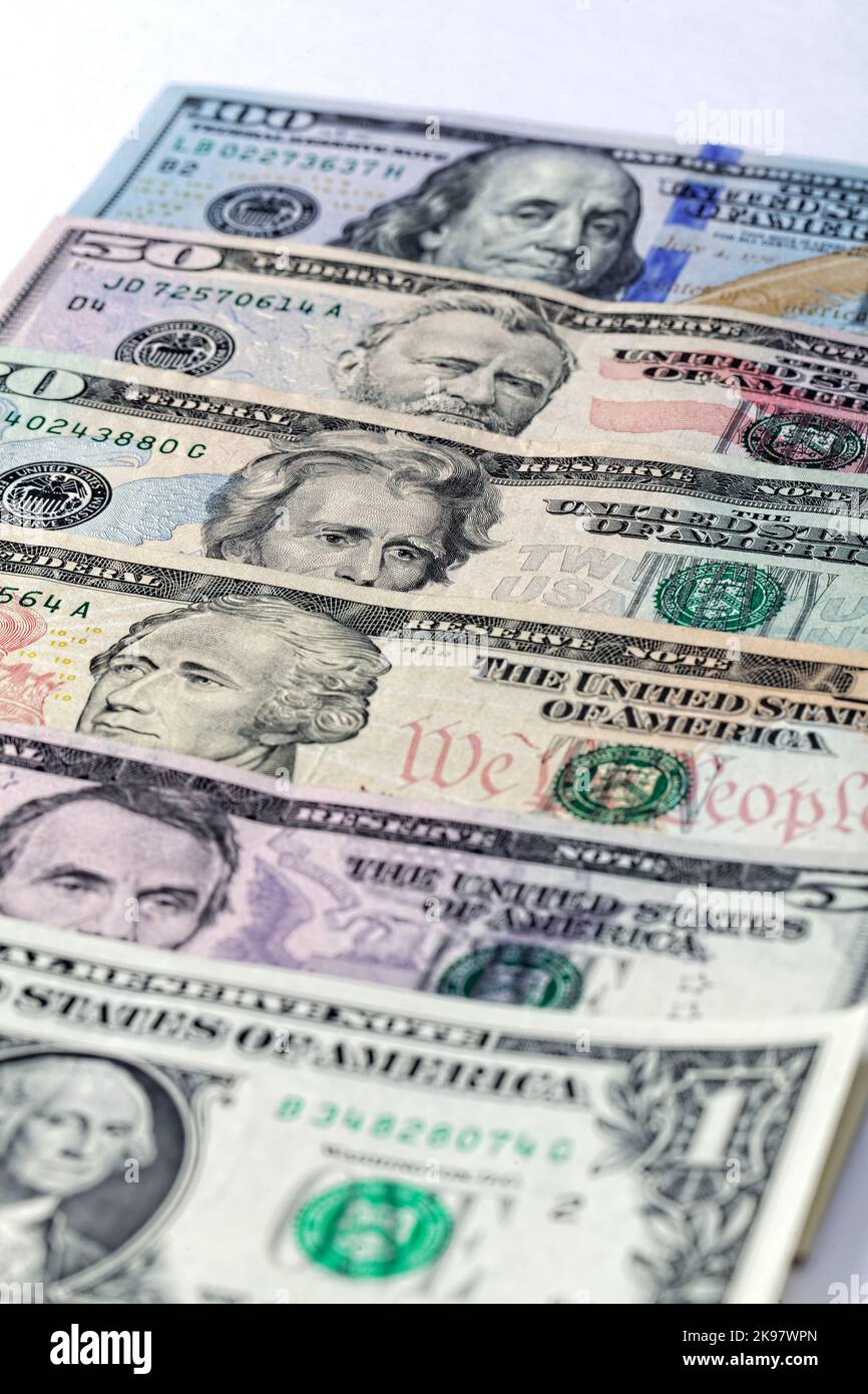 Many american dollar banknotes. Symbolic photo for debt and wealth ...