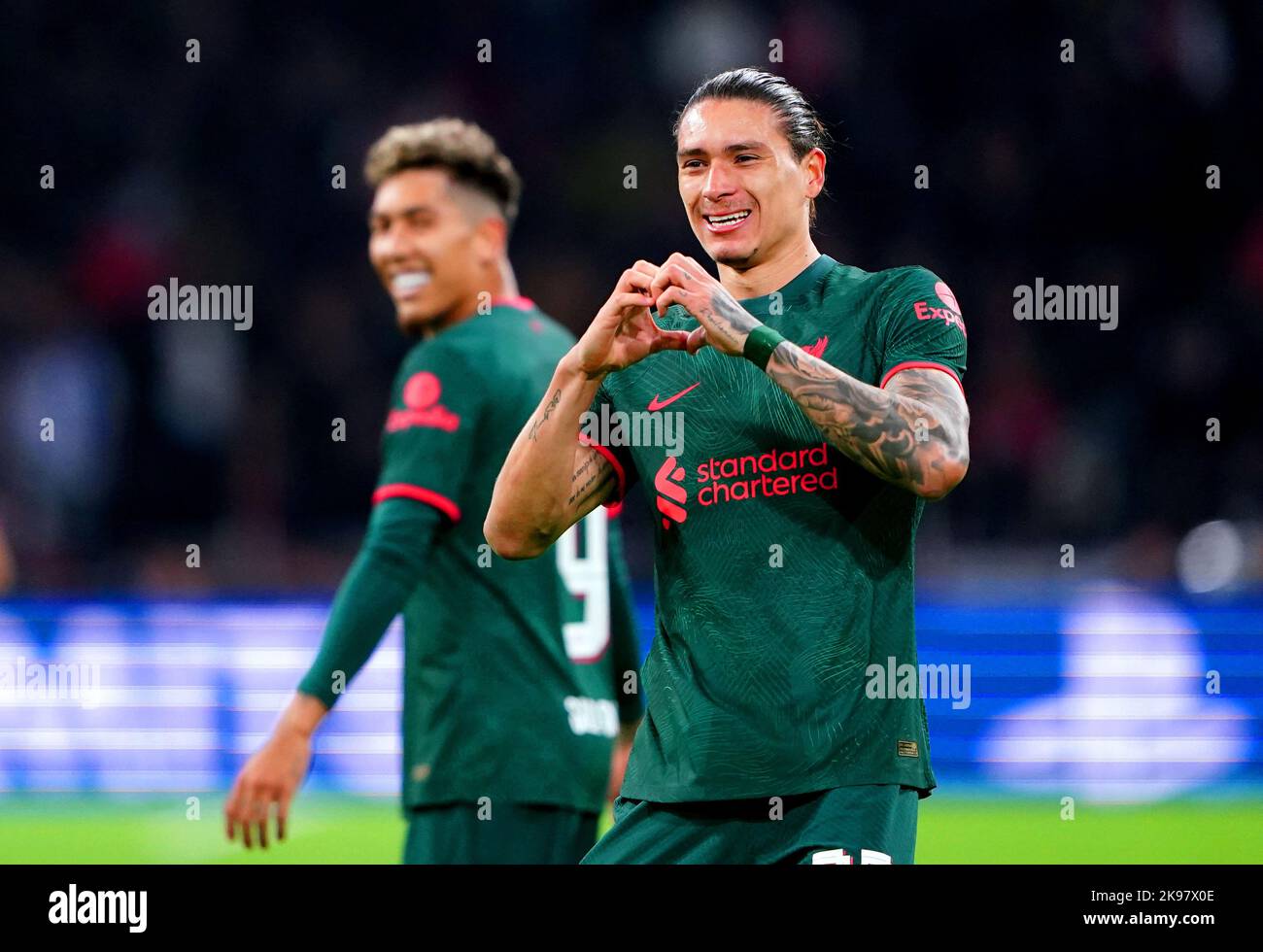 Liverpool's Darwin Nunez celebrates scoring their side's second goal of ...