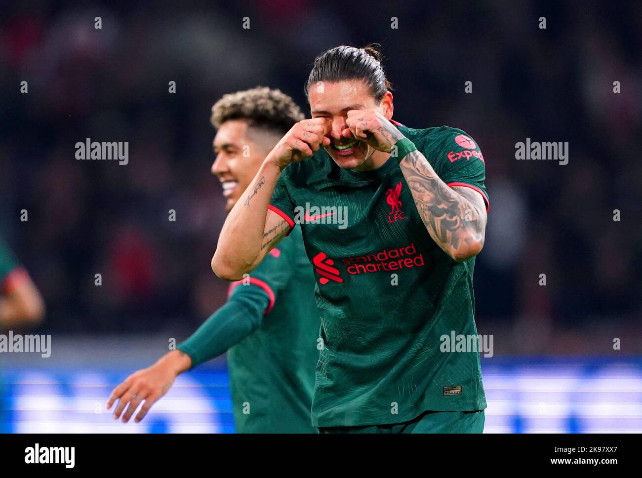 Liverpool's Darwin Nunez celebrates scoring their side's second goal of ...