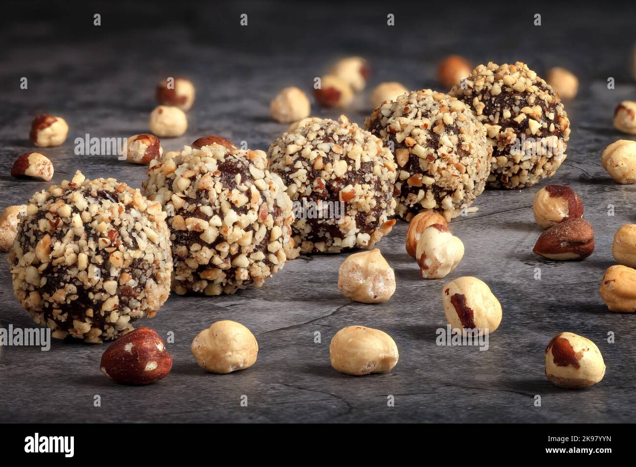 Homemade truffles. Round sweets. Truffle a hazelnut. Sweet chocolate ...