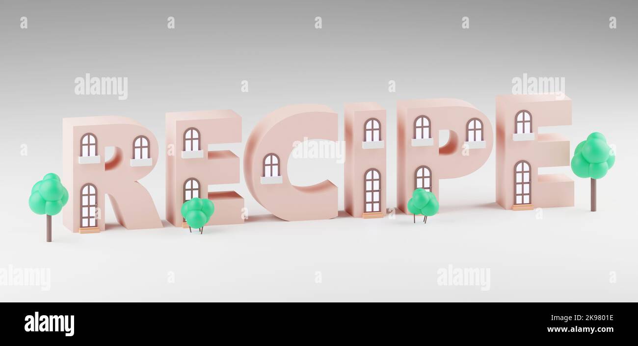 Recipe word made by tiny cute houses and small trees on light grey ...