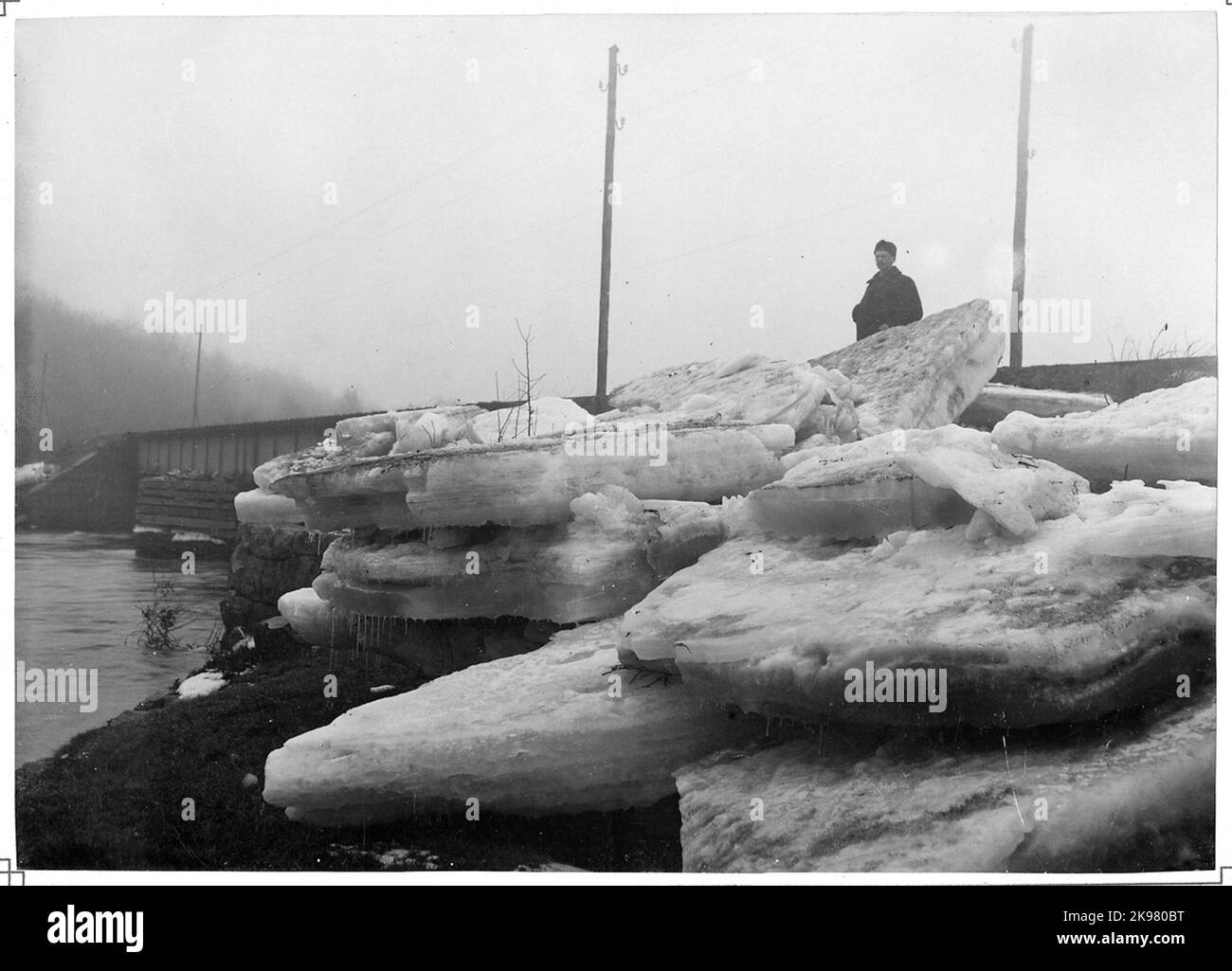 The railway bridge with ice block on the embankment, Svalsund Bridge ...