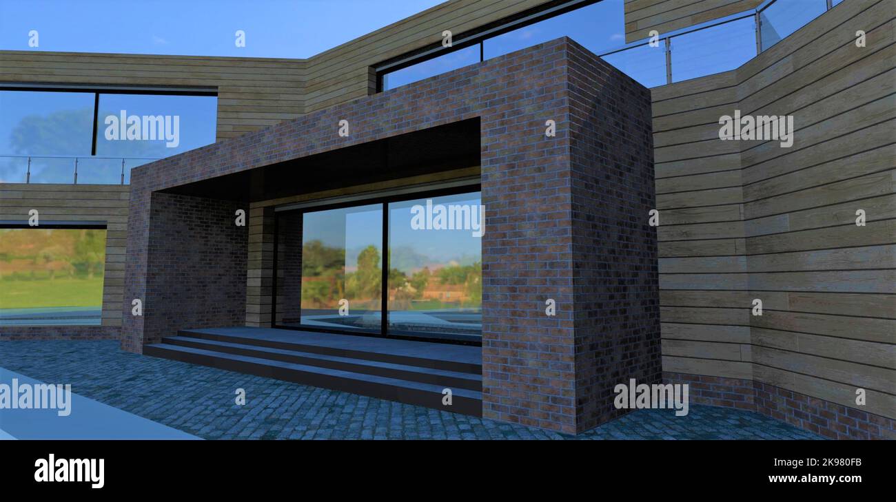 Entrance to a modern building finished with wood and old brown bricks ...