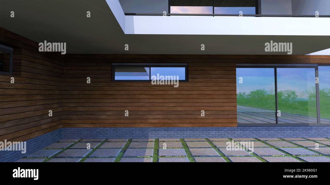 The combination of finishing the wooden facade of the house with paving ...