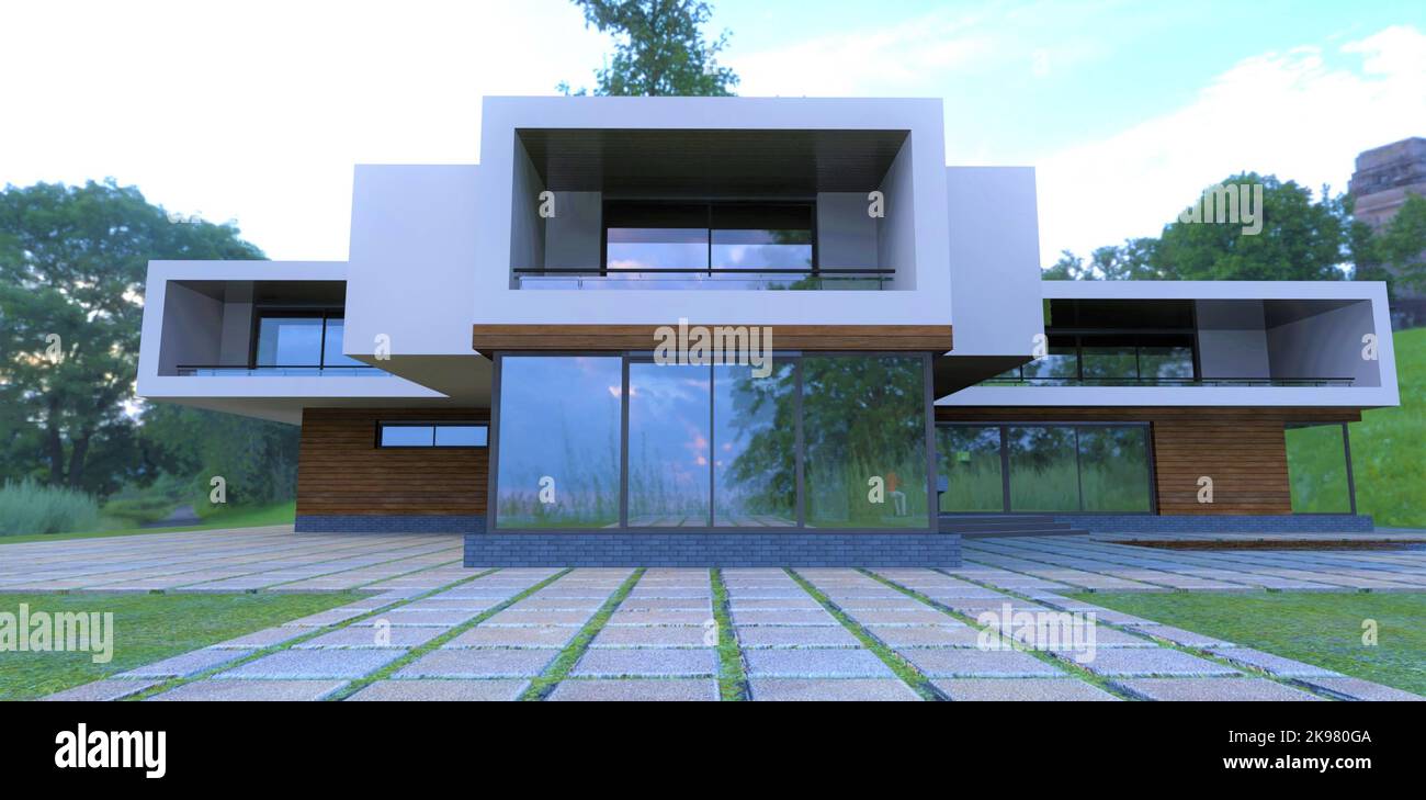 Conceptual design of a futuristic house with large panoramic reflective ...