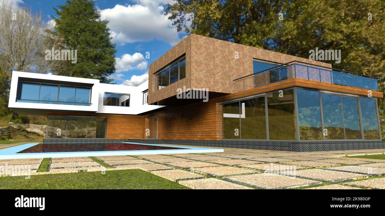An exclusive project of a modern country house in the forest. Facade ...