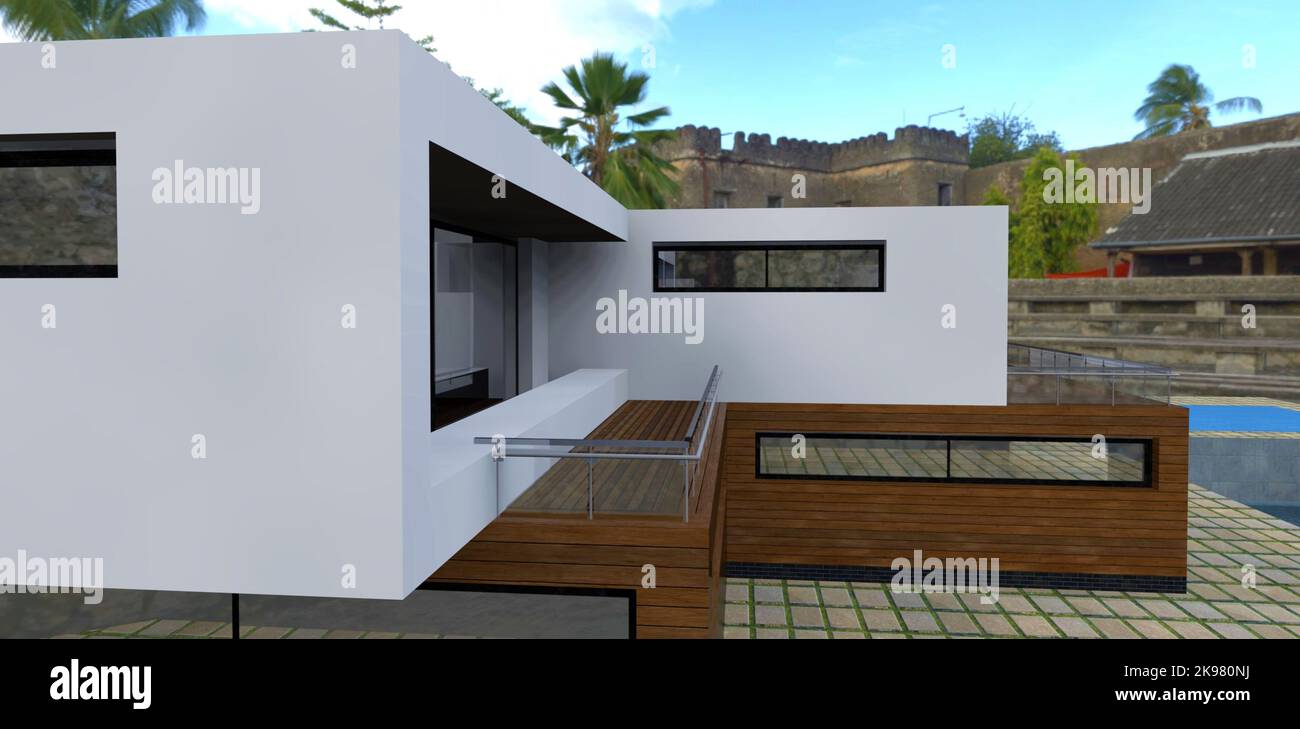 White plaster and facade board. Decoration design of a modern country ...