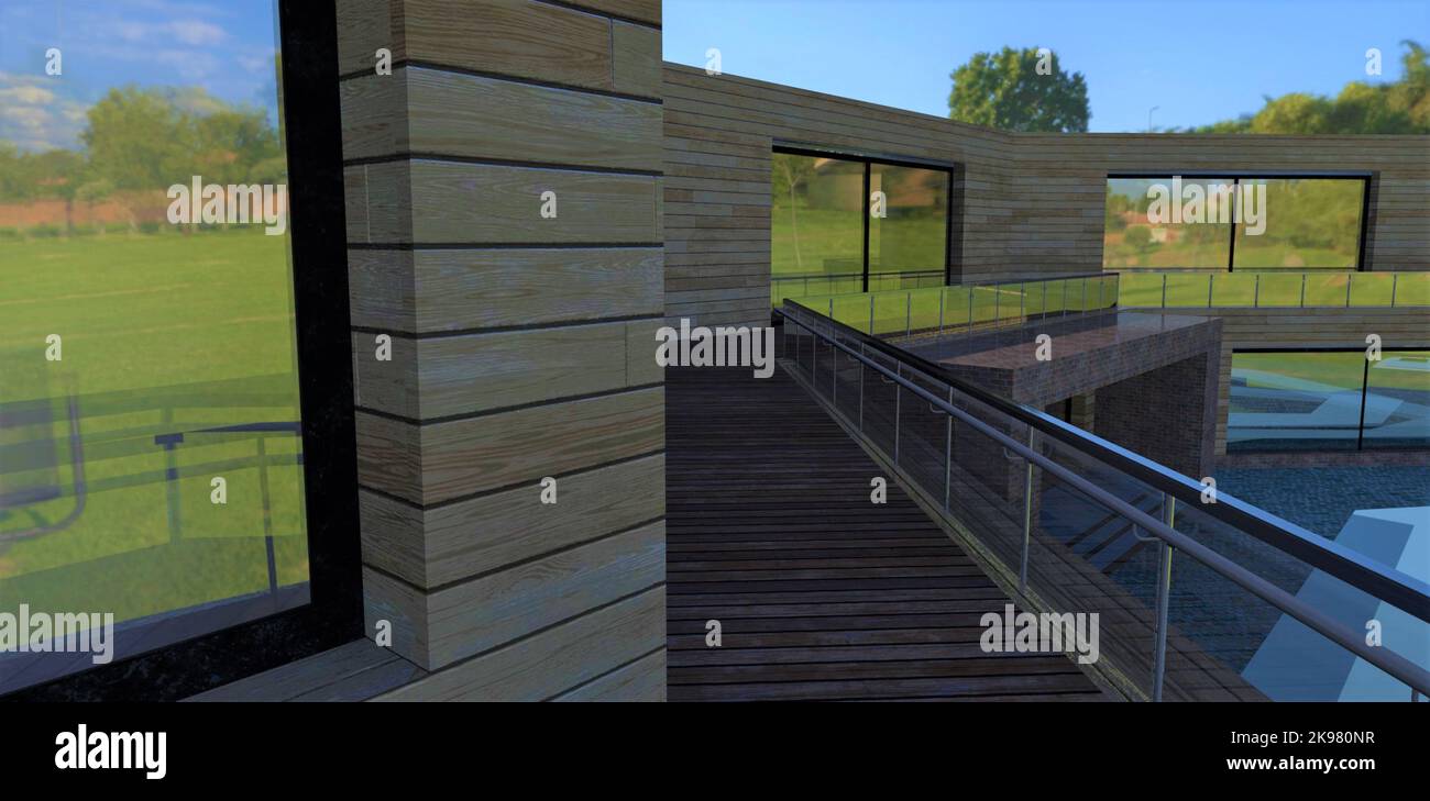 Wood wall decoration. Terrace of a wonderful country house. Wooden ...