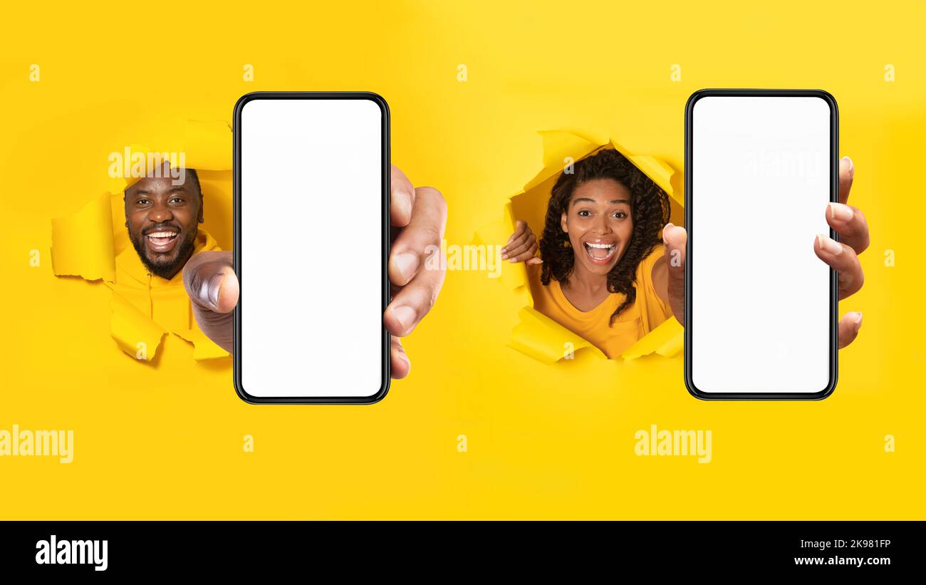 Black Couple Showing Phones Screens Through Hole In Yellow Background ...