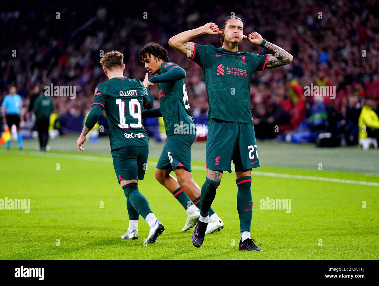 Liverpool's Darwin Nunez celebrates scoring their side's second goal of ...
