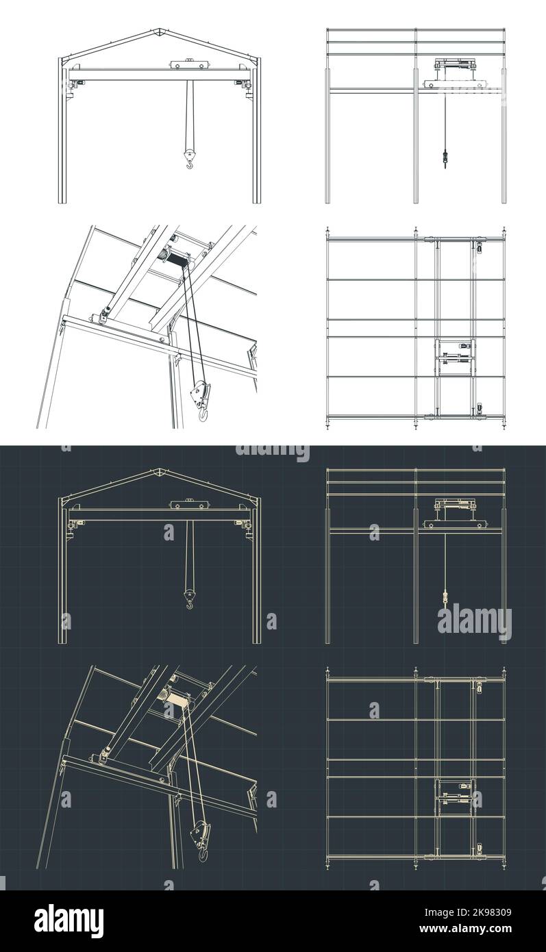 Stylized vector illustration of blueprints of overhead crane and ...