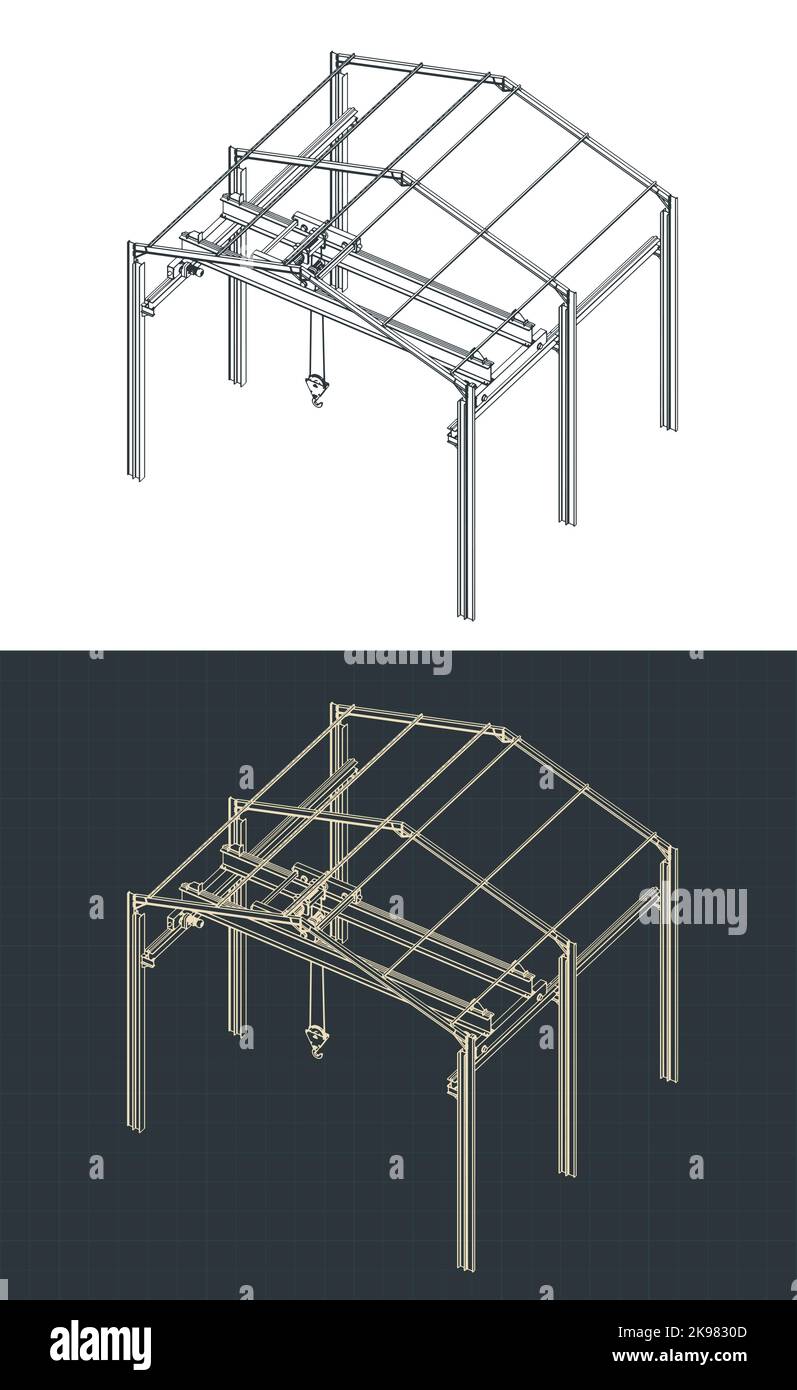 Stylized vector illustration of isometric blueprints of overhead crane ...