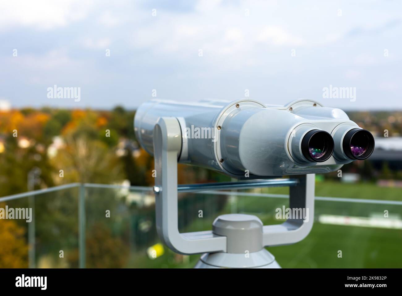 The Binoculars Are Mounted On A Solid Rotating Column Photo Taken In Natural Soft Light Stock