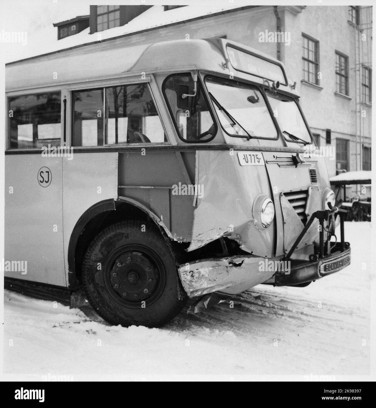 Collision-damaged Scania-Vabis B62 is waiting for repair at the Swedish ...