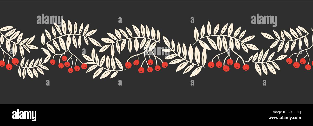 Christmas Monochrome Linocut Rowan Tree Foliage and Berries Vector ...