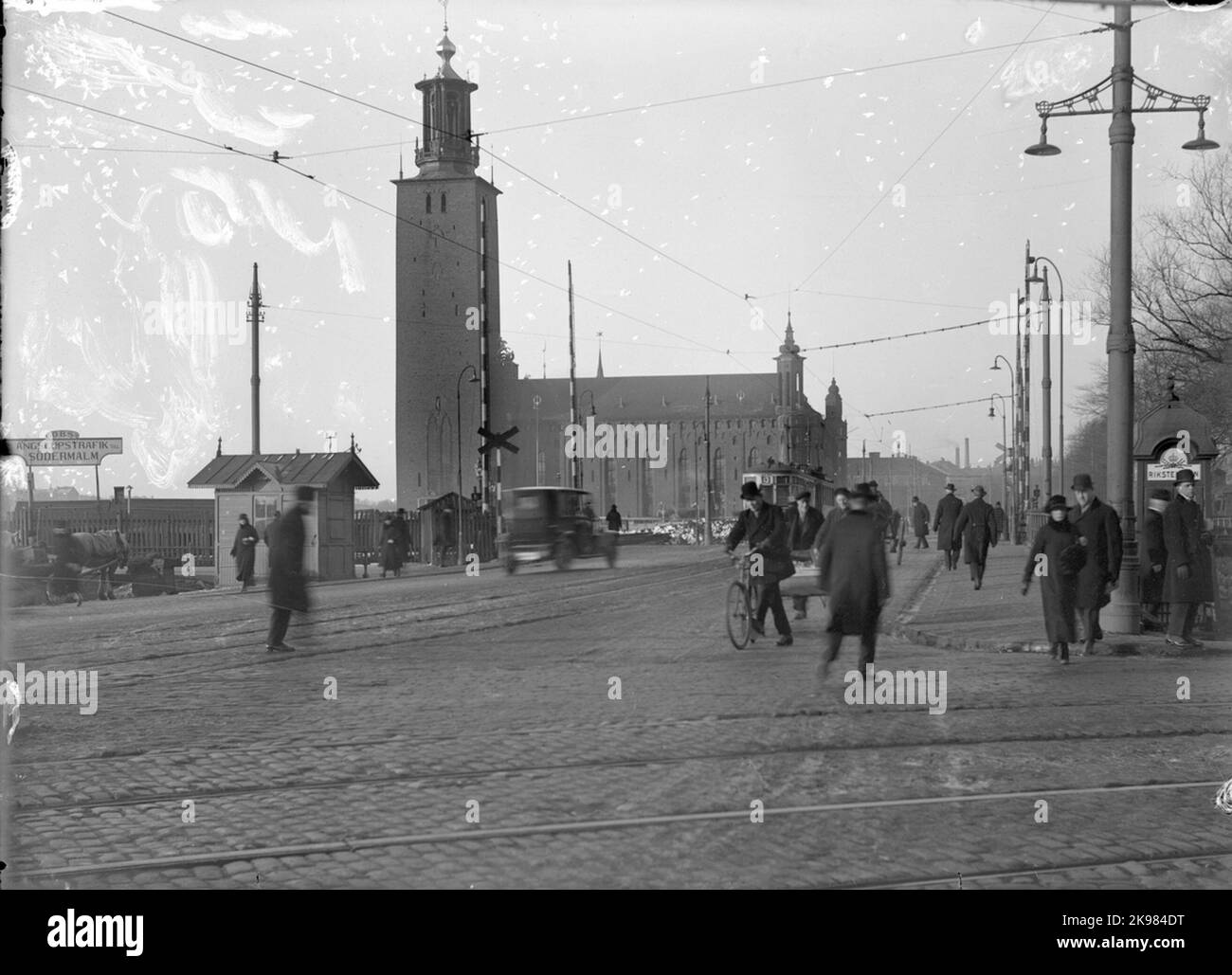 The City Hall seen from Tegelbacken. In the foreground tram tracks, at ...