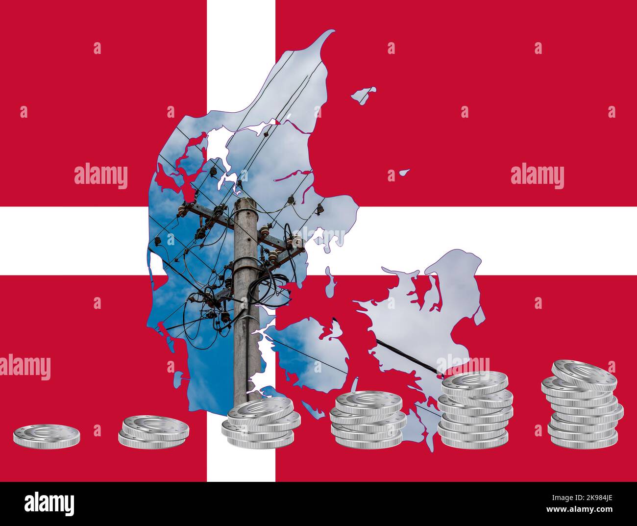 Outline map of Denmark with the image of the national flag. Power line ...