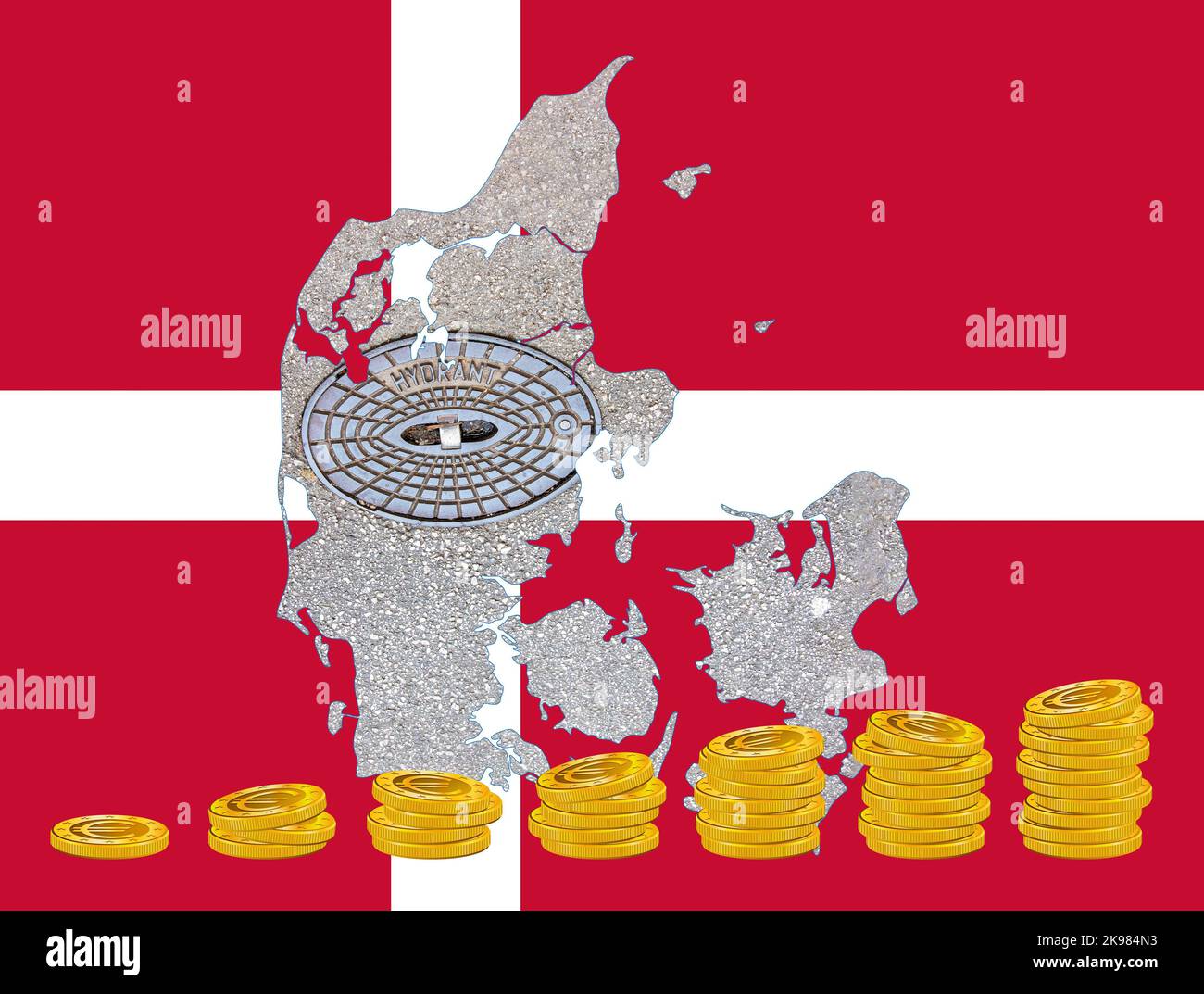 Outline map of Denmark with the image of the national flag. Hatch for ...