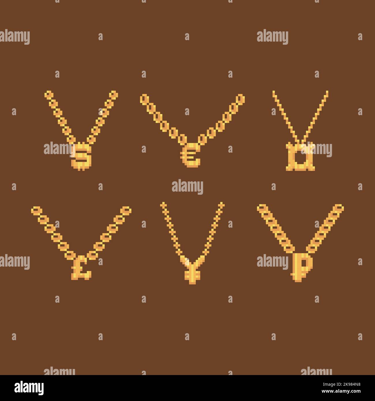 Pixel art golden chain accessories set. Dollar, euro, pound, ruble, yen ...